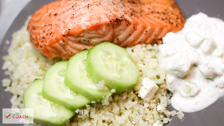 Cauliflower Rice Salmon Bowl with Feta Yogurt Dip | Bariatric Food Coach